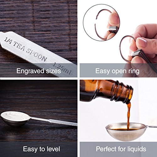 Stainless Steel Measuring Spoons - Set of 4 Premium Metal Spoons - Strong and Durable - Engraved with Metric and Imperial / US Sizes Including Tablespoon and Teaspoon - Ideal for Cooking and General Kitchen Use, for Measuring Liquid and Dry Ingredients