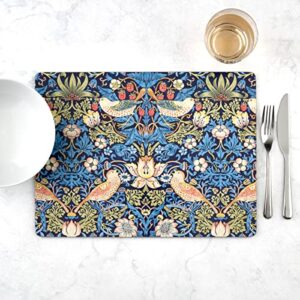 Pimpernel Morris & Co Strawberry Thief Blue Collection Placemats | Set of 4 | Heat Resistant Mats | Cork-Backed Board | Hard Placemat Set for Dining Table | Measures 15.7” x 11.7”