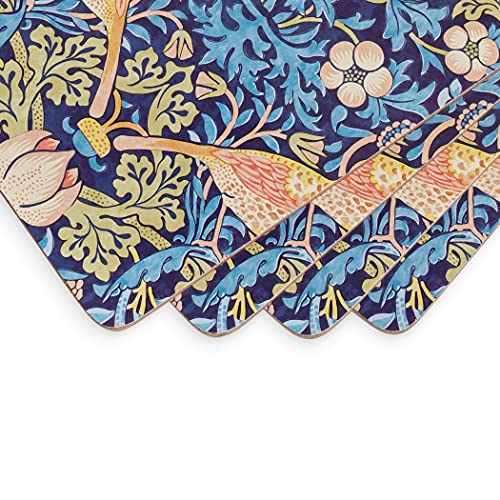 Pimpernel Morris & Co Strawberry Thief Blue Collection Placemats | Set of 4 | Heat Resistant Mats | Cork-Backed Board | Hard Placemat Set for Dining Table | Measures 15.7” x 11.7”