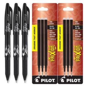 pilot frixion ball erasable black gel ink pens, 3 pens with 2 packs of refills (315505p)