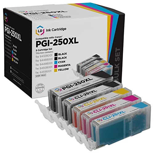 LD Compatible Canon PGI-250XL & CLI-251XL Set of 5 High Yield Inkjet Cartridges: 1 Pigment Black 6432B001, 1 Black 6448B001, 1 Cyan 6449B001, 1 Magenta 6450B001 and 1 Yellow 6451B001