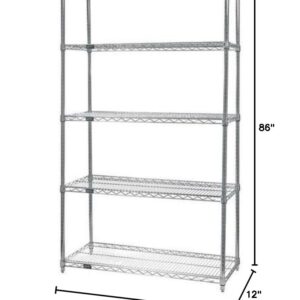 Quantum WR86-1236C-5 Wire Shelving Starter Kit, 36'W x 12'D x 86'H, 600 lbs Capacity, Carbon Steel, Chrome, NSF