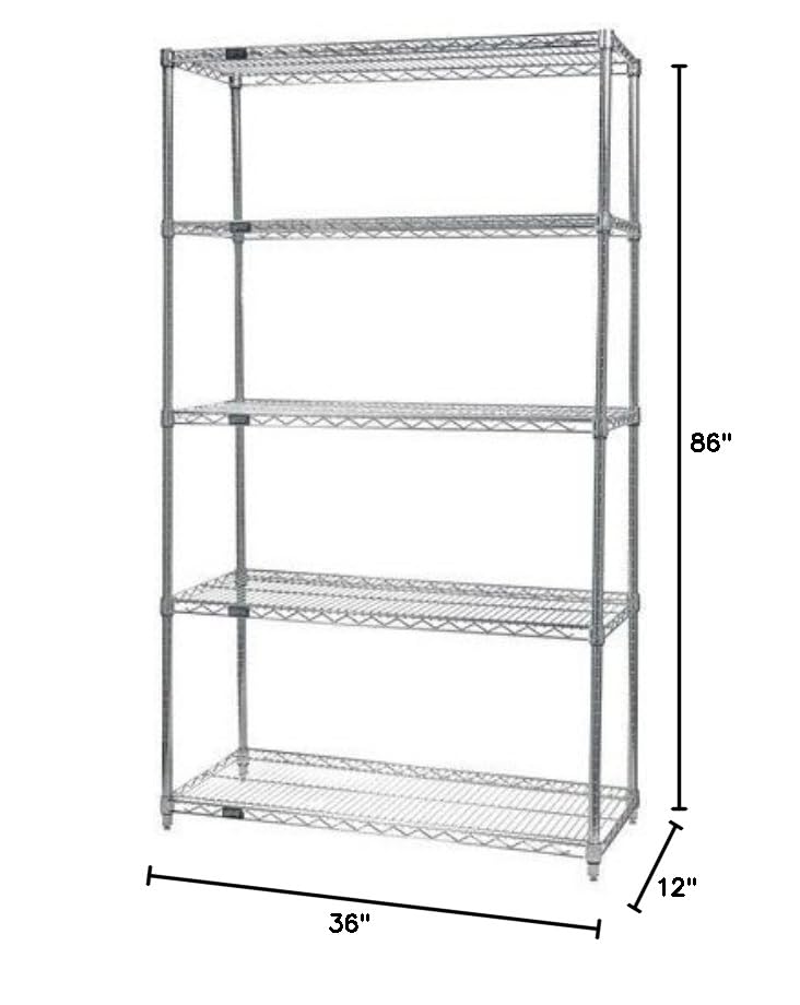 Quantum WR86-1236C-5 Wire Shelving Starter Kit, 36'W x 12'D x 86'H, 600 lbs Capacity, Carbon Steel, Chrome, NSF