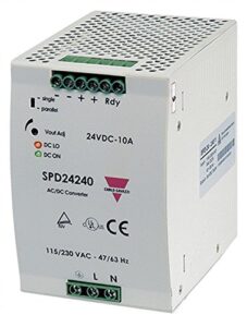 carlo gavazzi spd242401 din rail mount switching power supply, 83.5 mm wide, 90-264 vac or 210-375 vdc supply voltage, adjustable 24 vdc, 10 amp, 240 w output, 89% efficiency, pfc and parallel output function, power ready output, ip20 cover, diagnostic le