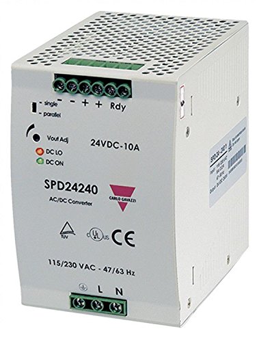 CARLO GAVAZZI SPD242401 DIN Rail Mount Switching Power Supply, 83.5 mm Wide, 90-264 VAC or 210-375 VDC Supply Voltage, Adjustable 24 VDC, 10 amp, 240 W output, 89% Efficiency, PFC and Parallel Output Function, Power Ready Output, IP20 Cover, Diagnostic LE