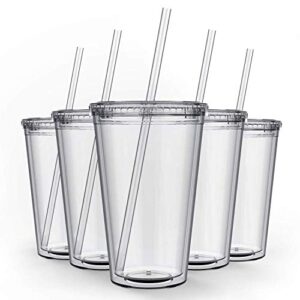 maars drinkware bulk double wall insulated acrylic tumblers with straw and lid (set of 12), 16 oz, clear