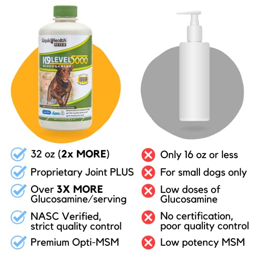 LIQUIDHEALTH 32 Oz K9 Liquid Glucosamine for Dogs Level 5000 with Glucosamine Chondroitin, Dogs MSM, Boswellia Serrata – Dog Hip and Joint Health, Dog Vitamins for Dog Joint Pain, Dog Joint Oil