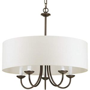 drum shade collection 5-light white textured linen shade farmhouse chandelier light antique bronze