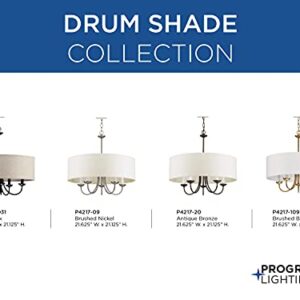 Drum Shade Collection 5-Light White Textured Linen Shade Farmhouse Chandelier Light Antique Bronze