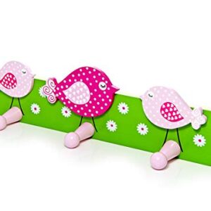 Girls Pink Bird Triple Coat Wall Door Hooks for Girls Bedroom or Nursery