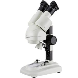 amscope se120 portable binocular stereo microscope, wf10x eyepieces, 20x magnification, 2x objective, led lighting, reversible black/white stage plate, track-controlled table stand, battery powered