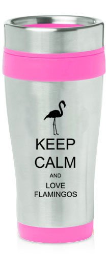 Hot Pink 16oz Insulated Stainless Steel Travel Mug Z414 Keep Calm and Love Flamingos