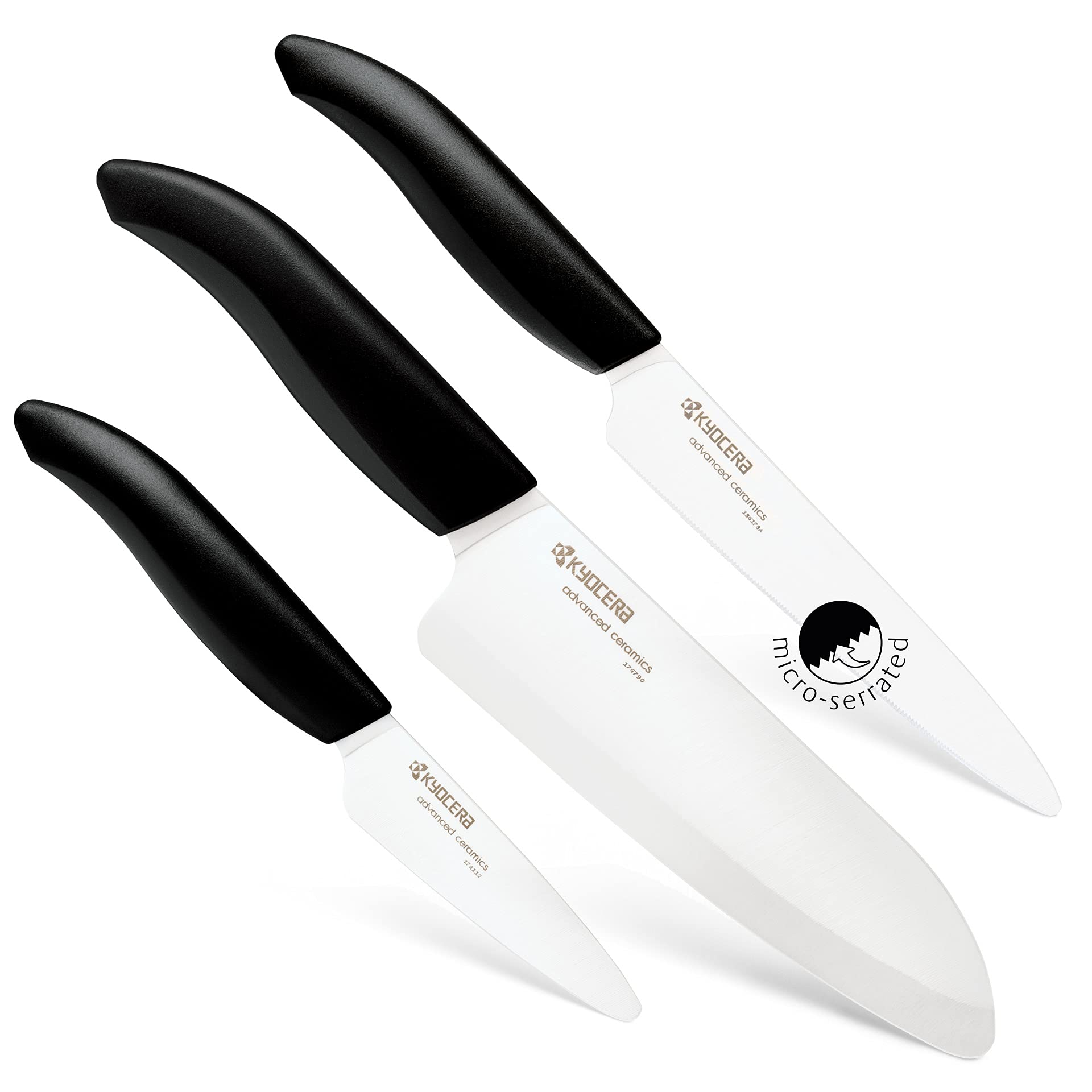 Kyocera Advanced Ceramics – Revolution Series 3-Piece Ceramic Knife Set: Includes 6-inch Chef's Knife; 5-inch Micro Serrated Knife; and 3-inch Paring Knife; Black Handles with White Blades