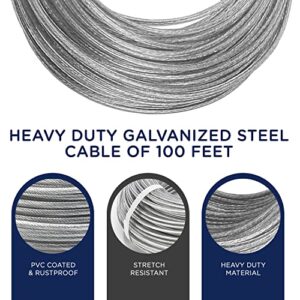 Strata Clothesline Outdoor Heavy Duty Kit - 150 Feet Galvanized Wire Silver PVC Coating, 6.5" Clothesline Pulley 2pcs, Metal Mini Winch Tightener 1pc, Plastic Spreader/Spacer 1pc & 2 Metal Hooks