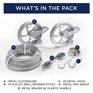 Strata Clothesline Outdoor Heavy Duty Kit - 150 Feet Galvanized Wire Silver PVC Coating, 6.5" Clothesline Pulley 2pcs, Metal Mini Winch Tightener 1pc, Plastic Spreader/Spacer 1pc & 2 Metal Hooks