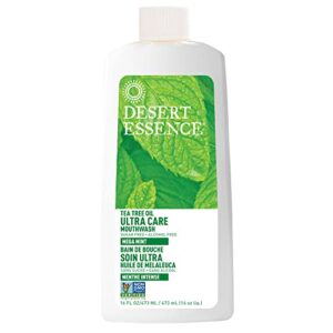 desert essence ultra care mouthwash, mega mint, 16 fl oz - alcohol free, sugar free, gluten free, vegan, non-gmo - aloe, sage, chamomile, tea tree oil, peppermint & spearmint essential oils