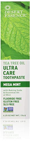 Desert Essence Tea Tree Oil Ultra Care Toothpaste 6.5 oz - Non-GMO, Gluten Free, Vegan, Cruelty Free, Fluoride Free - Pure Australian Tea Tree Oil, Baking Soda & Chamomile, Fights Bacteria & Plaque