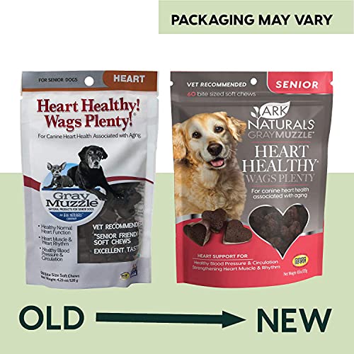 Ark Naturals Gray Muzzle Heart Healthy Wags Plenty Dog Chews, Vet Recommended for Senior Dogs to Support Heart Muscle, Blood Pressure and Circulation, Natural Ingredients, 60 Count