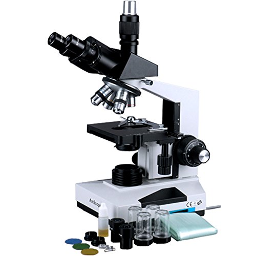 AmScope T490 Compound Trinocular Microscope, WF10x Eyepieces, 40X-1000X Magnification, Brightfield, Halogen Illumination, Abbe Condenser, Double-Layer Mechanical Stage, Sliding Head, High-Resolution Optics