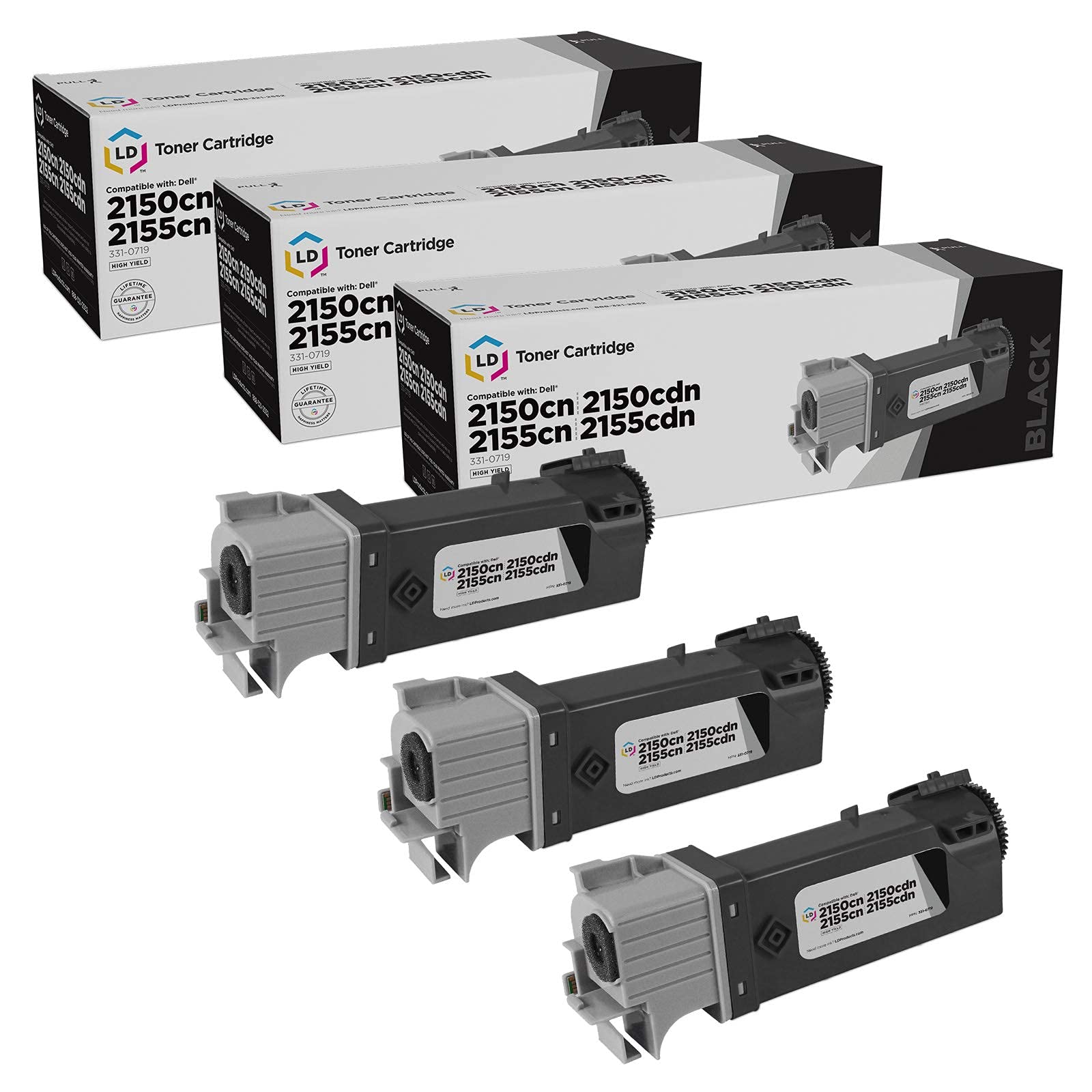 LD Products Compatible Toner Cartridge Replacements for Dell 331-0719 MY5TJ High Yield (Black, 3-Pack) for Color Laser 2150cdn, 2150cn & Multi-Function 2155cdn, 2155cn