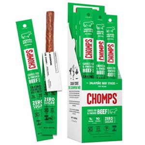 chomps grass fed jalapeno beef jerky snack sticks, keto & paleo, whole30 approved, non-gmo, gluten free, sugar free, nitrate free, low carb, 90 calorie snacks, 1.15 oz meat stick, pack of 24