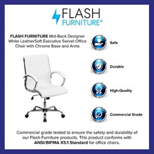 Flash Furniture Merideth Mid-Back Designer White LeatherSoft Executive Swivel Office Chair with Chrome Base and Arms