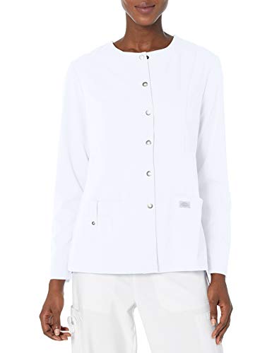 Dickies womens Xtreme Stretch Crew Neck Snap Front Warm-up Medical Scrubs Jacket, White, Medium US