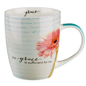 christian art gifts ceramic bible verse coffee & tea mug for women: sufficient grace - 2 corinthians 12:9-10 inspirational bible verse cup floral chrysanthemum scripture mug w/pink flowers, 12 oz.