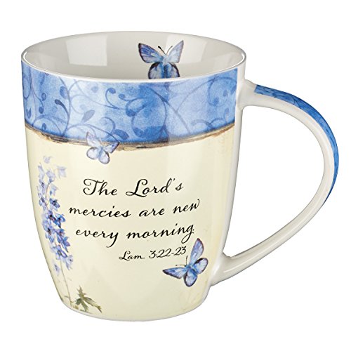 Christian Art Gifts Bible Verse Mug for Women Butterfly Scripture Mug w/Blue Flowers – The Lord’s Mercies Lamentations 3:22-23 Mug Inspirational Coffee Cup and Christian Gift (12 oz Ceramic Cup)