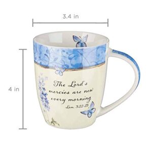 Christian Art Gifts Bible Verse Mug for Women Butterfly Scripture Mug w/Blue Flowers – The Lord’s Mercies Lamentations 3:22-23 Mug Inspirational Coffee Cup and Christian Gift (12 oz Ceramic Cup)