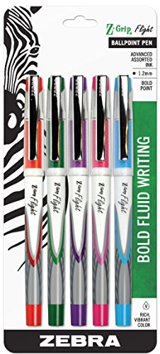 Zebra Pen Z-Grip Flight Stick Ballpoint Pen, Bold Point, 1.2mm, Assorted Fashion Colors, 5-Count