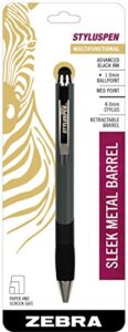 zebra styluspen retractable ballpoint pen, medium point, 1.0mm, black ink, slate grey barrel, 1-count