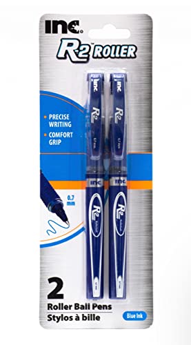 INC 0.7 mm R-2 Roller Ball Pen,Controlled Ink Flow System, Blue Ink, Comfort Grip, 2 pack