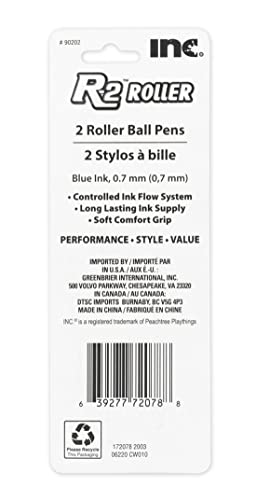 INC 0.7 mm R-2 Roller Ball Pen,Controlled Ink Flow System, Blue Ink, Comfort Grip, 2 pack