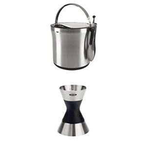 oxo steel bar set: ice bucket, tongs, and double jigger