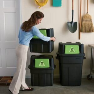 Rubbermaid Recycling Bin with Swing Lid, 14-Gallon, Black Stackable Lid for Glass/Plastic/Paper in Garage/Office/Restaurant