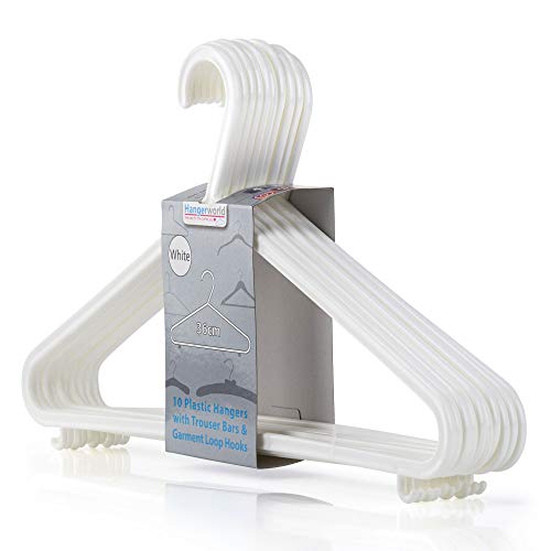 HANGERWORLD White Plastic Hangers 10 Pack - 14inch No Shoulder Bump, Slim Space-Saving Hanger