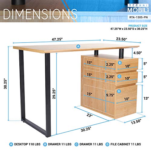 Techni Mobili Computer Desk with Storage and File Cabinet, 30" x 23.6" x 47", Pine