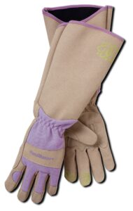 magid extra-long thornproof pruning and gardening gloves for men, 1 pair, size 8/m with forearm protection, tan & purple