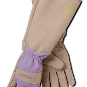 MAGID Extra-Long Thornproof Pruning and Gardening Gloves for Men, 1 Pair, Size 8/M with Forearm Protection, Tan & Purple