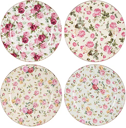 Gracie China Rose Chintz Porcelain 8-Inch Dessert Plate Set of 4, Assorted Four Designs