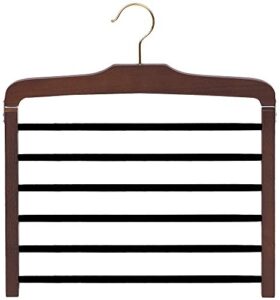 wooden 6 tier pant hanger w/ black velvet non-slip bars, box of 1 wood bottom hanger w/ walnut finish and chrome swivel hook for jeans slacks or trouser by the great american hanger company