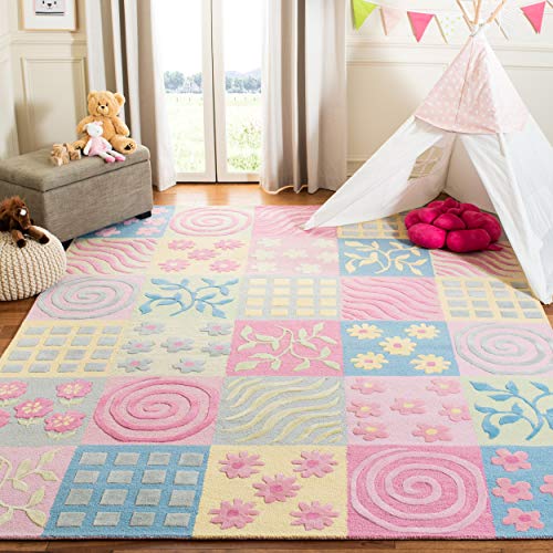 SAFAVIEH Kids Collection Area Rug - 5' x 8', Pink & Multi, Handmade Floral Wool, Ideal for High Traffic Areas in Living Room, Bedroom (SFK356A)