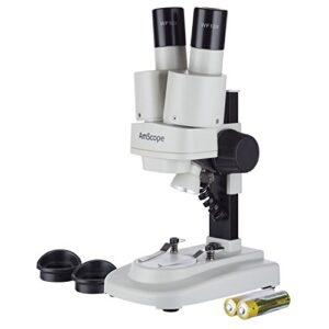 amscope-kids se100zz-led portable binocular stereo microscope, wf10x and wf25x eyepieces, 20x and 50x magnification, 2x objective, led light source, reversible black/white stage plate, battery-powered