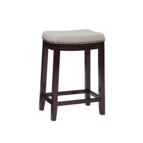 Linon Linen and Dark Backless Claridge Stool, Counter Height, Beige & Dark Walnut