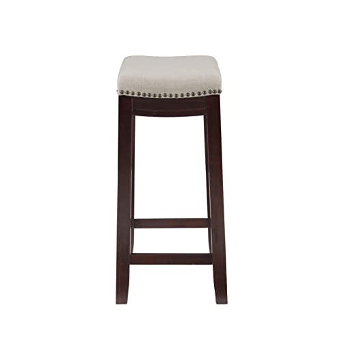 Linon Linen and Dark Backless Claridge Stool, Counter Height, Beige & Dark Walnut