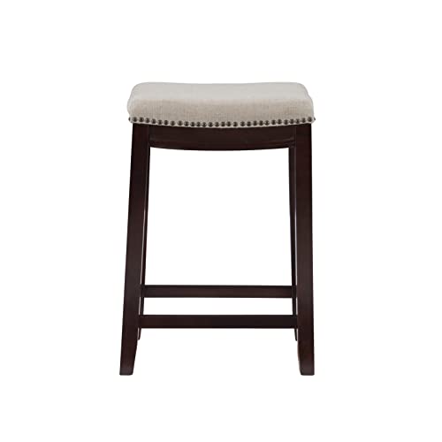 Linon Linen and Dark Backless Claridge Stool, Counter Height, Beige & Dark Walnut