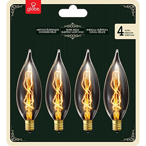 Globe Electric 1327 25W Vintage Edison CA10 Flame Tip Incandescent Filament Light Bulb, 4 Pack, E12 Base, 01327, 4