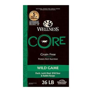 wellness core grain-free high-protein dry dog food, natural ingredients, made in usa with real meat, all breeds, for adult dogs (wild game duck, lamb meal, boar & rabbit, 26-pound bag)