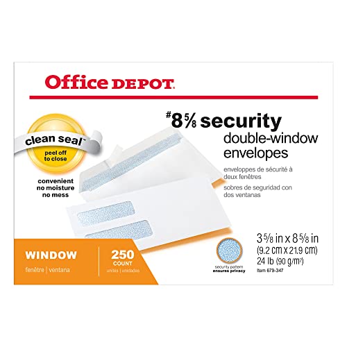 Office Depot Double-Window Envelopes, 8 5/8in. (3 5/8in. x 8 5/8in.), White, Self-Adhesive, Box Of 250, 77159